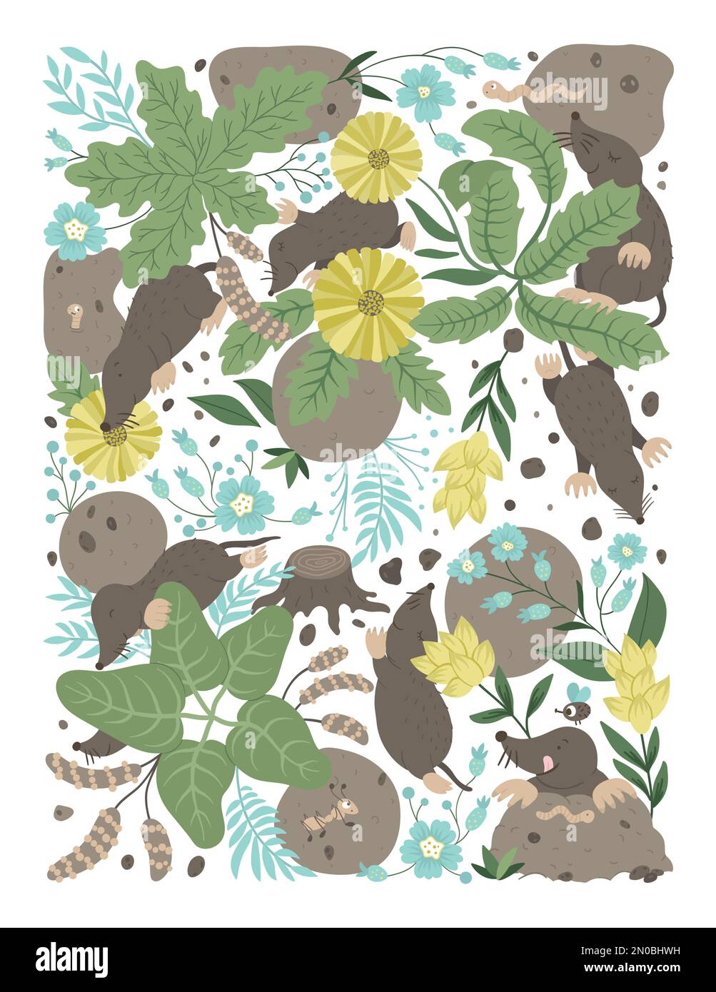 Vector ornate background with cute woodland animals, leaves, flowers, insects. Funny forest ...
