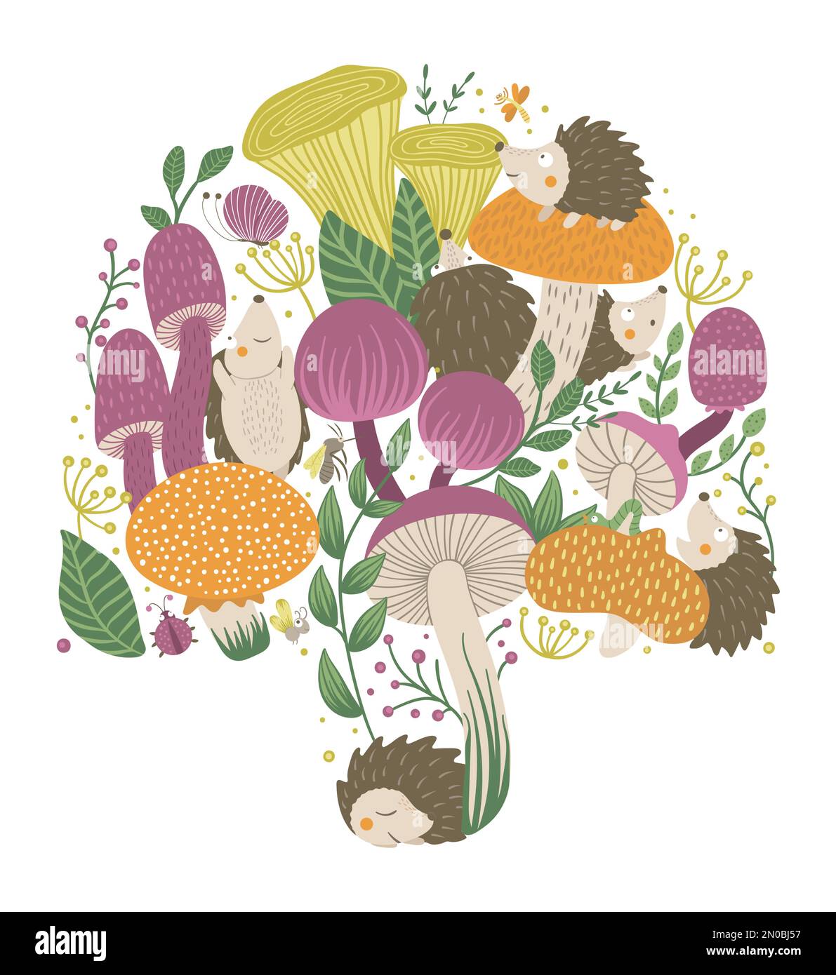 Vector ornate background with cute woodland animals, mushrooms, leaves ...