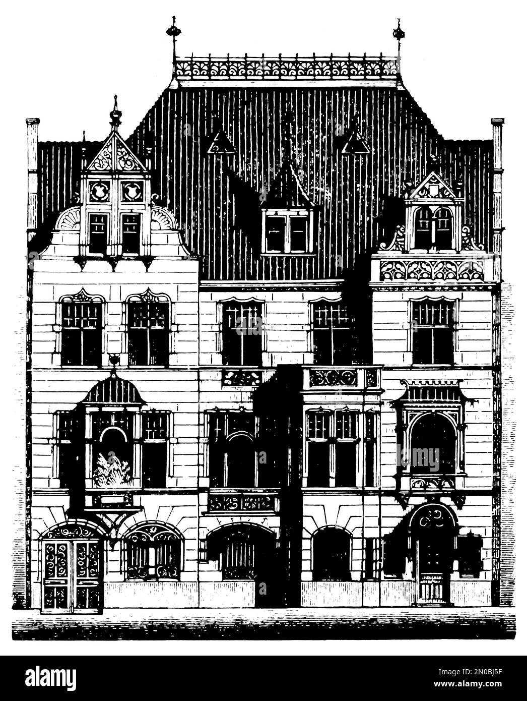 Engraving of a 19th-century residential building (isolated on white ...