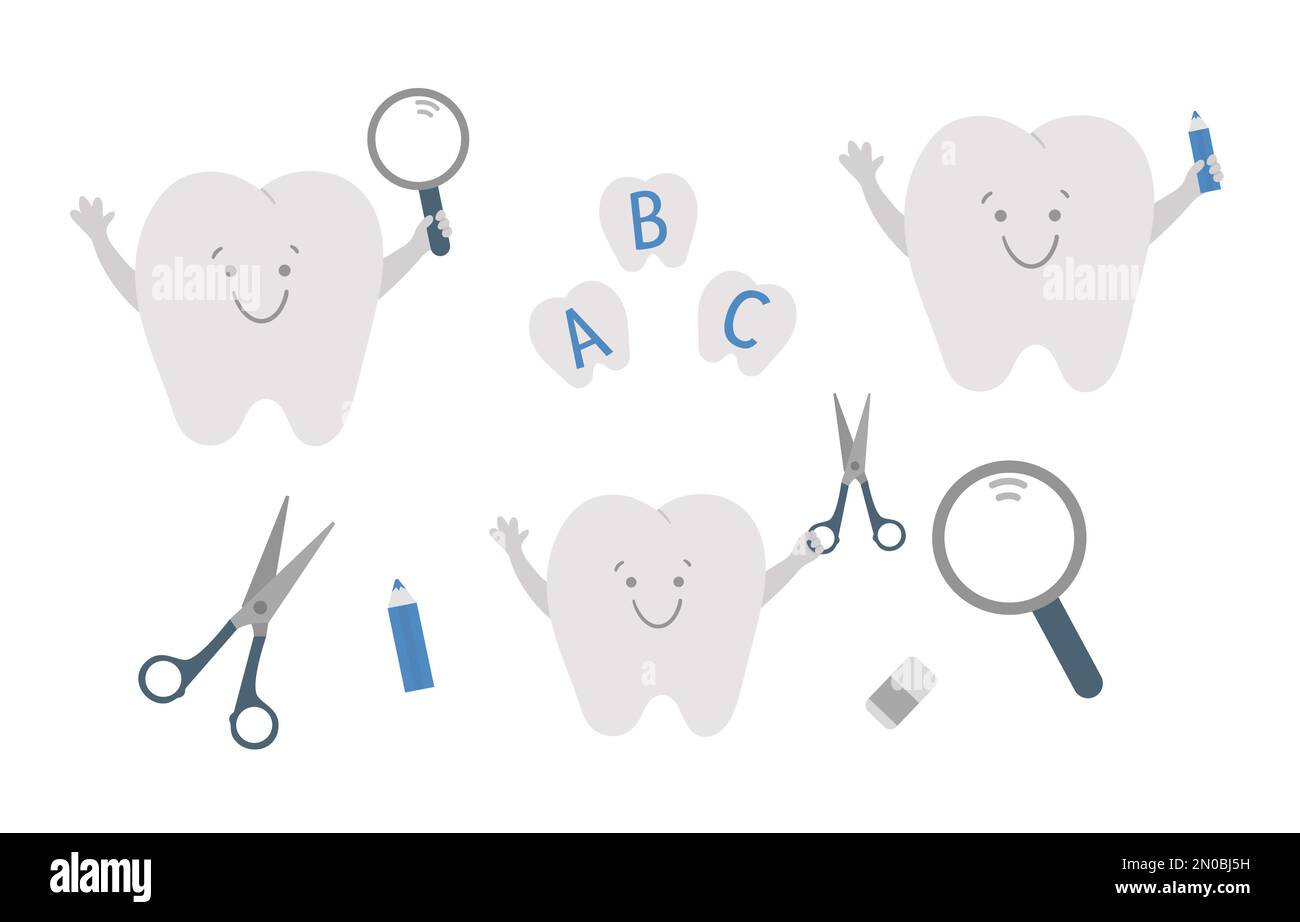 Vector cute kawaii teeth with magnifying glass, scissors, glue, pencil ...