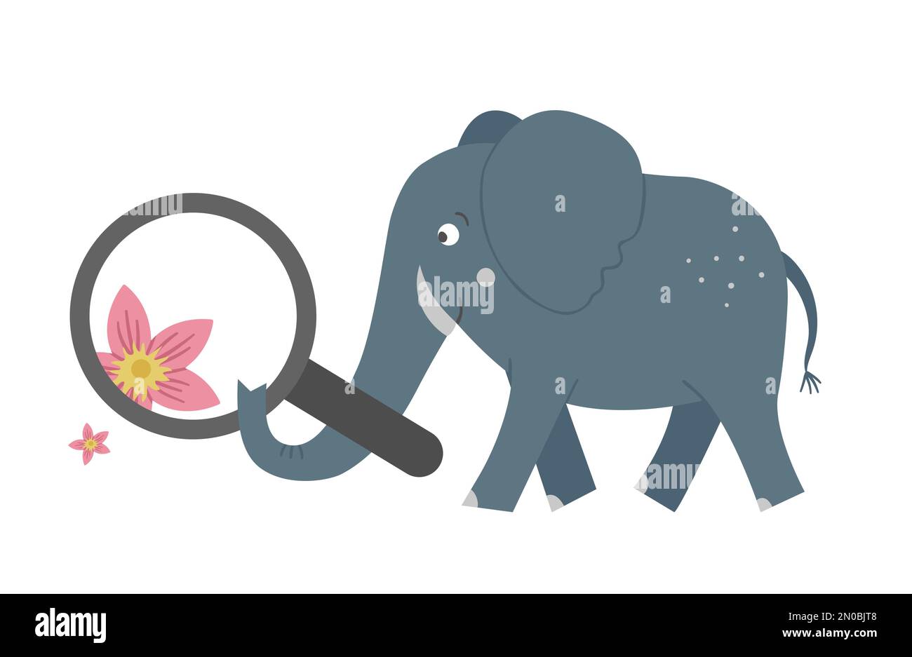 Vector cute elephant with magnifying glass looking at the flower ...
