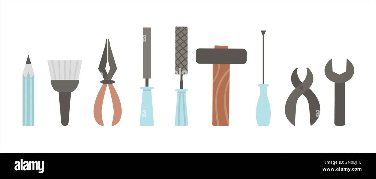 Vector tools set. Flat colored illustration with building, carpenter ...