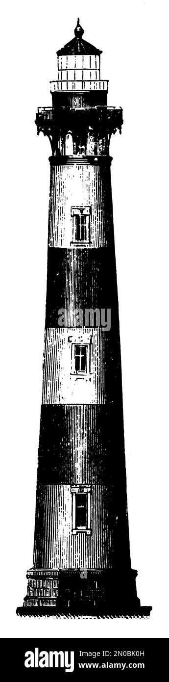 19th-century illustration of a lighthouse (isolated on white ...