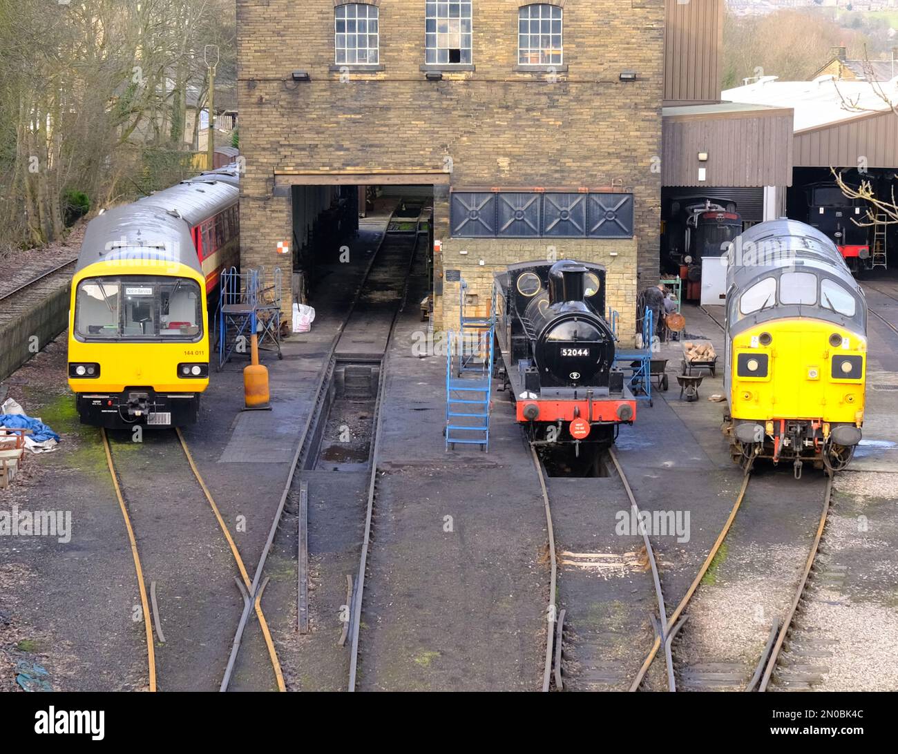 Haworth railway station, trains outside workshop sheds on the Keighley ...