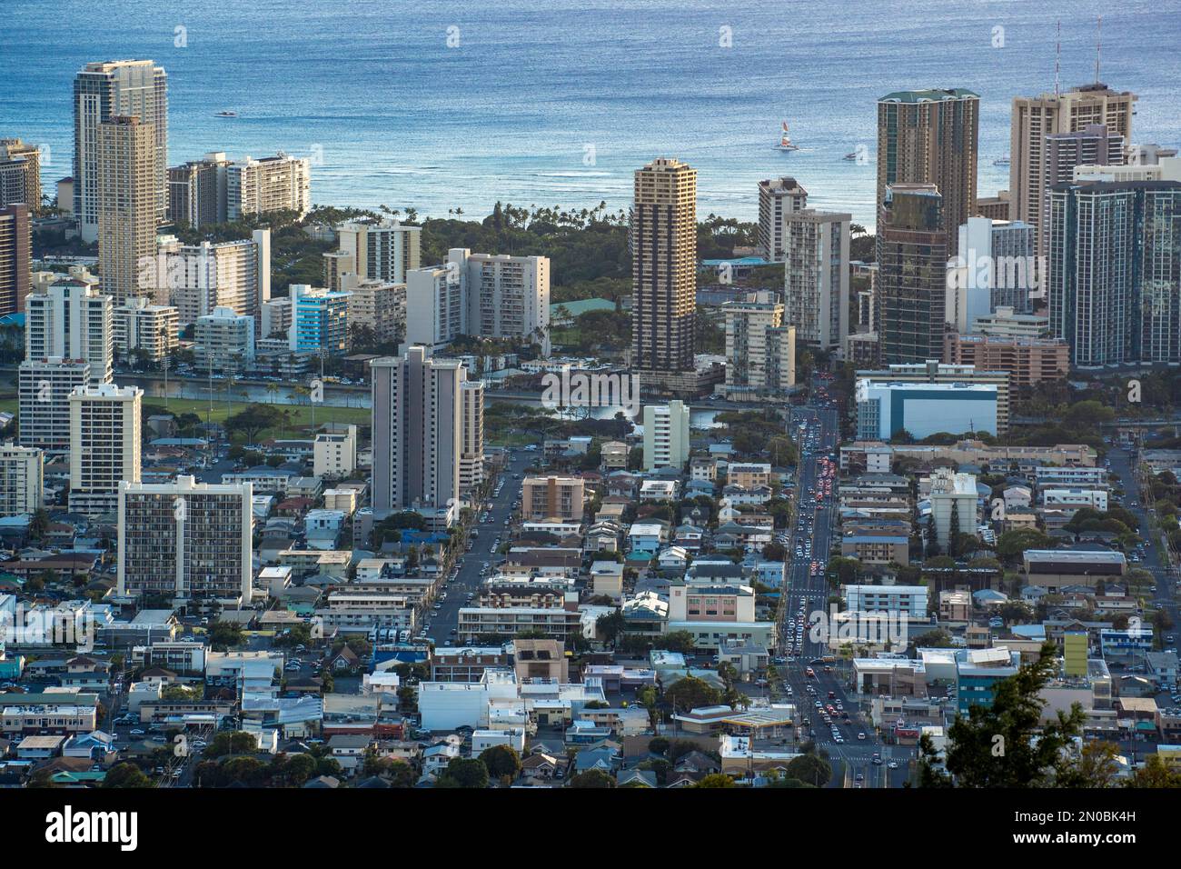 A bird's eye view of downtown Honolulu, Hawaii with skyscrapers and ...
