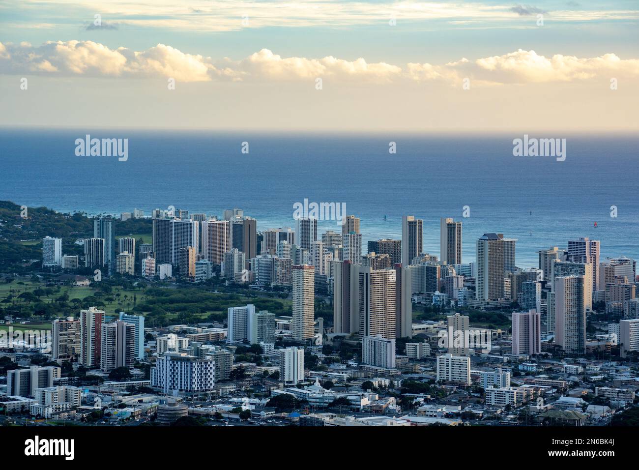 A bird's eye view of downtown Honolulu, Hawaii with skyscrapers and ...