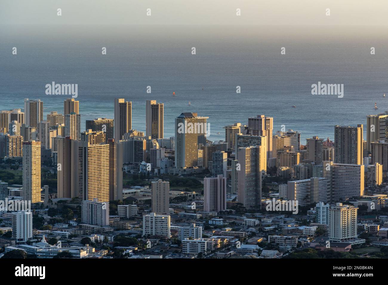 A bird's eye view of downtown Honolulu, Hawaii with skyscrapers and ...
