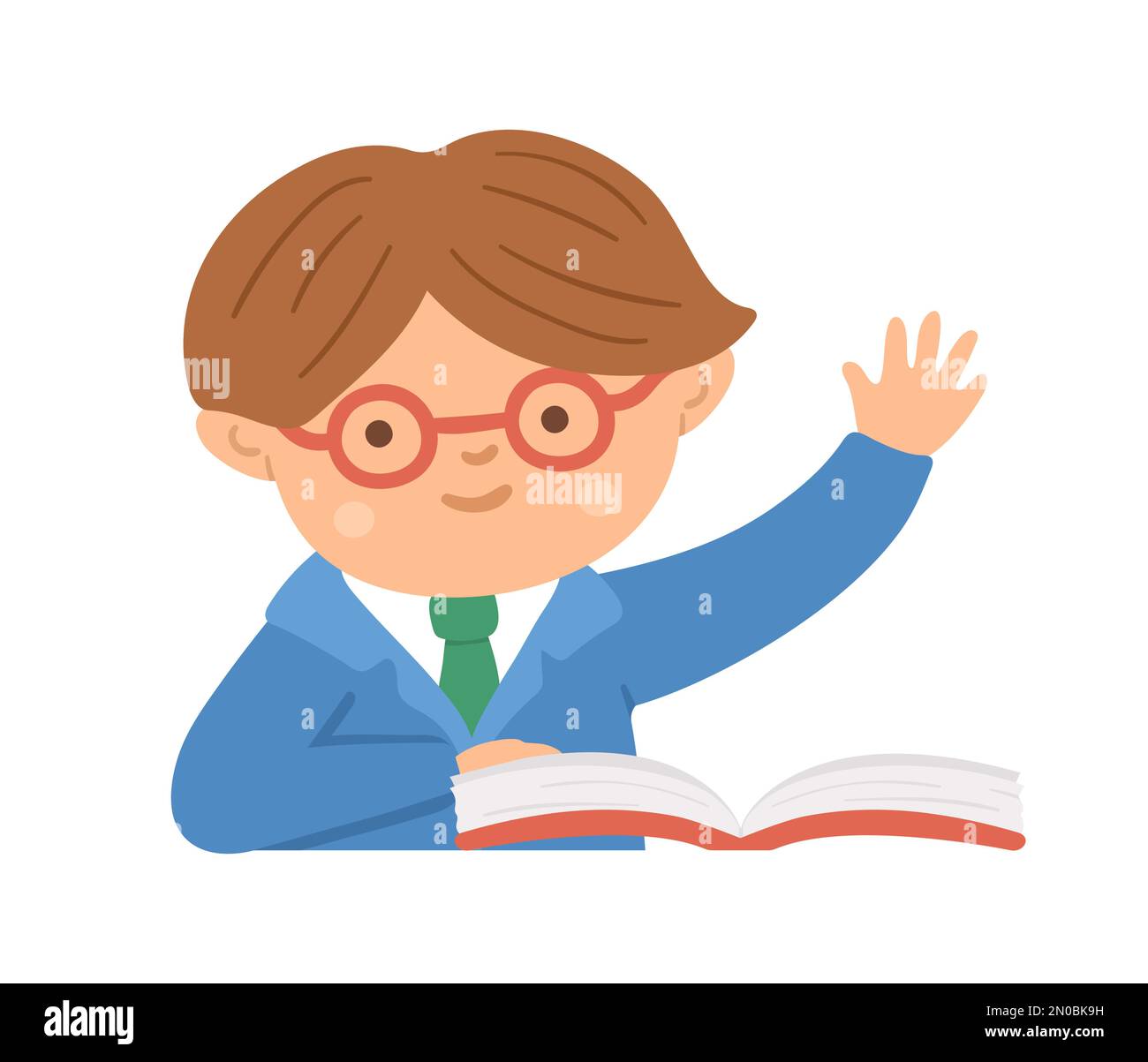 Vector cute happy schoolboy with hand up. Elementary school classroom ...