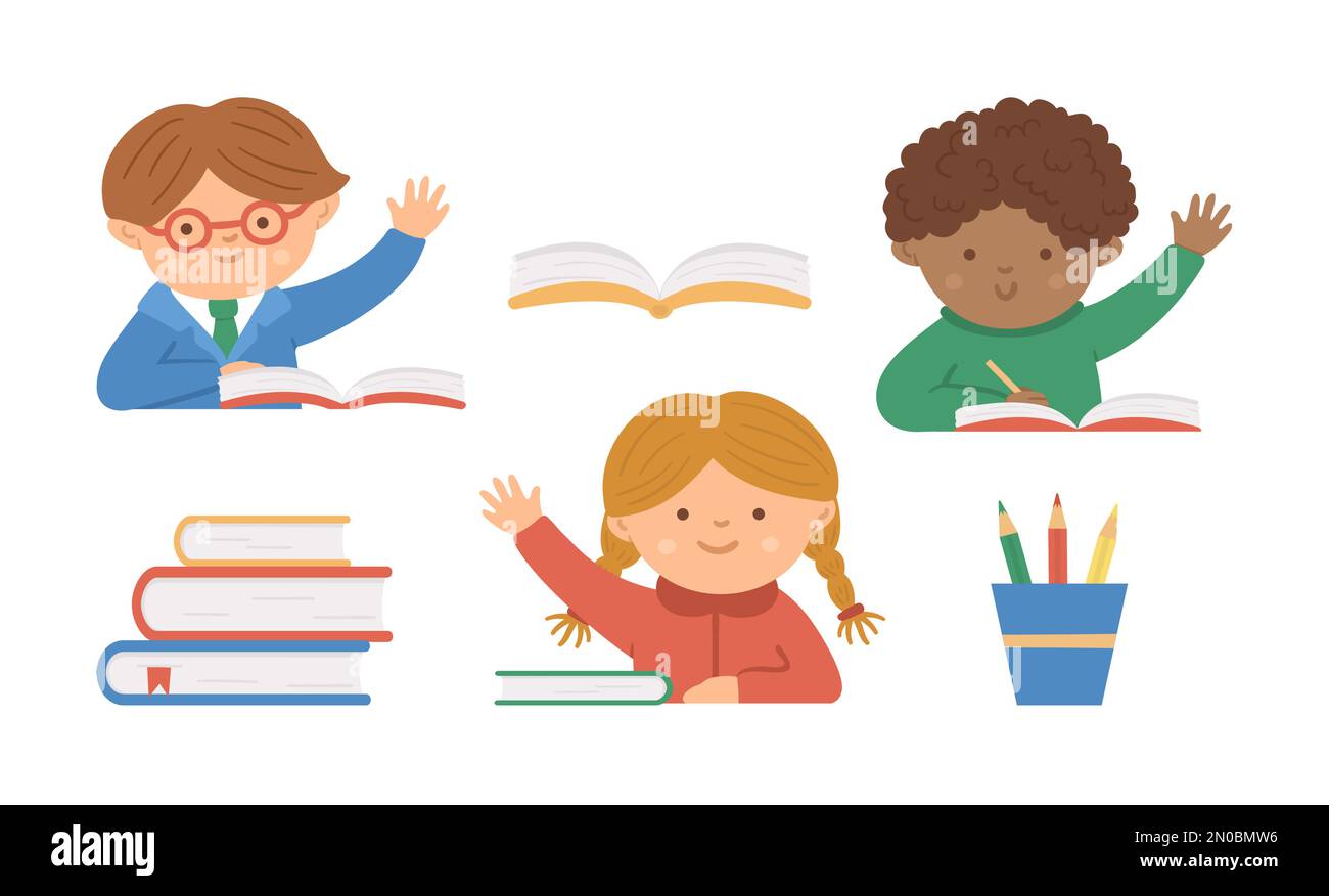 Vector set of cute happy schoolchildren with hand up and books ...