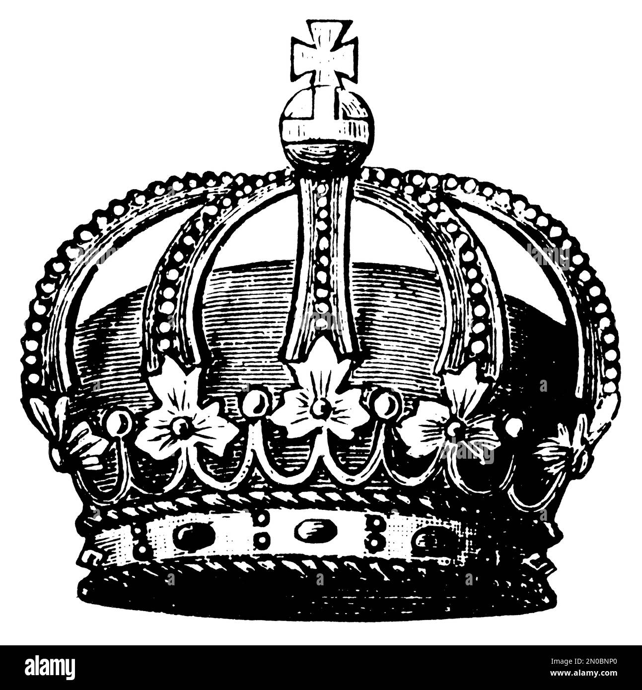 19th-century engraving of a crown (isolated on white). Published in ...