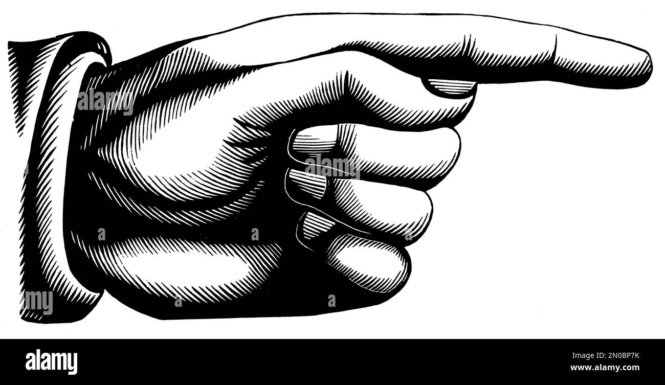 Antique 19th-century illustration of human hand pointing right ...
