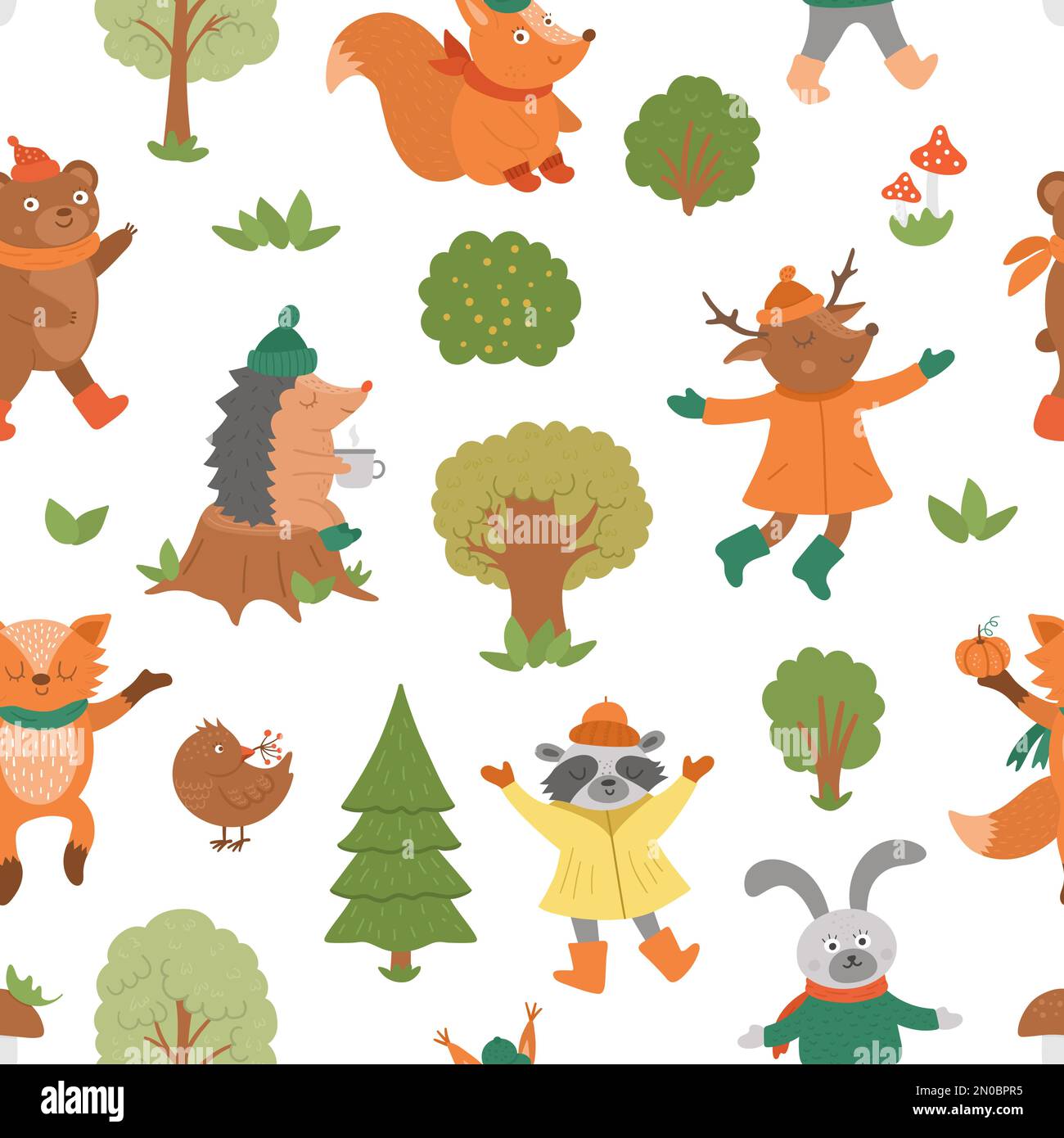 Seamless pattern with vector autumn characters. Cute woodland animals ...