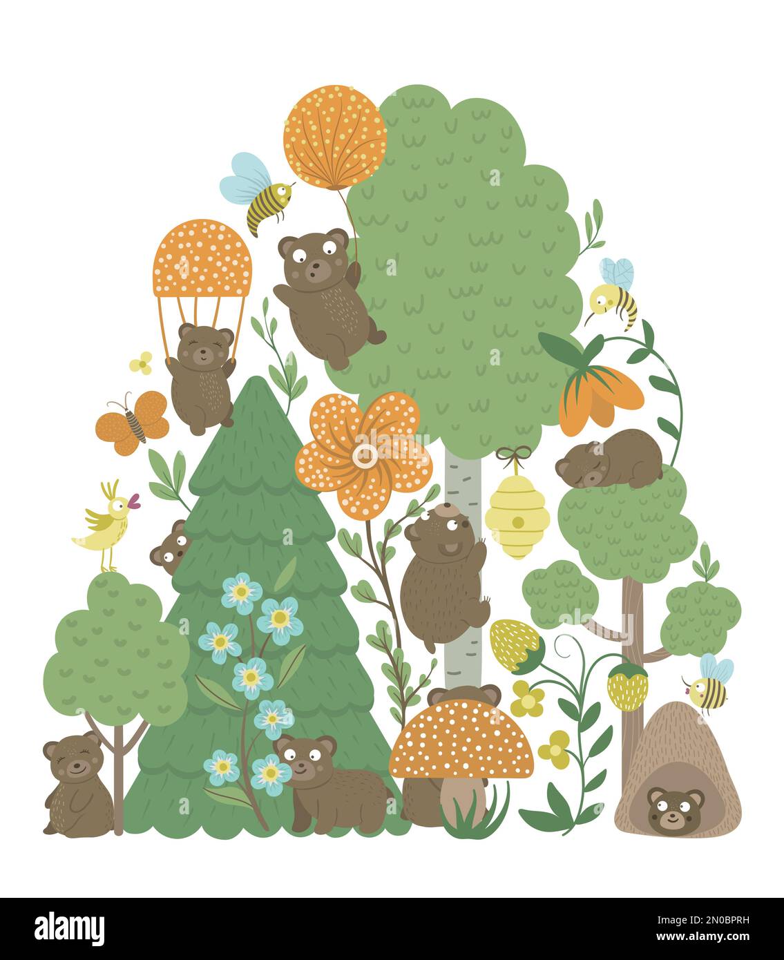 Vector ornate background with cute woodland animals, leaves, insects ...