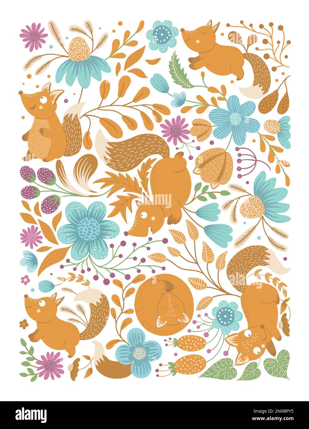 Vector ornate background with cute woodland animals, leaves, flowers ...