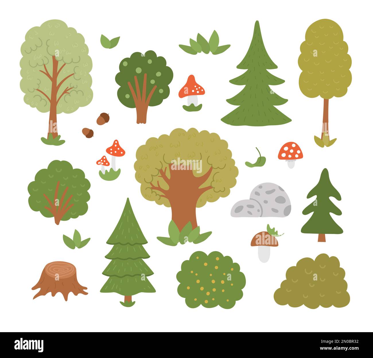 Vector set of forest trees, plants, shrubs, bushes, mushrooms isolated ...
