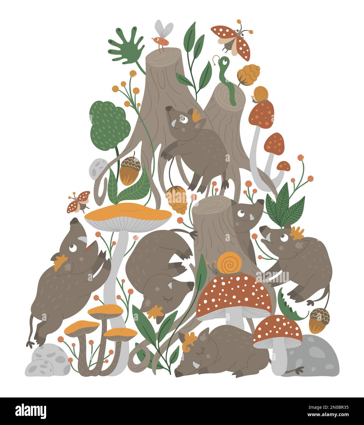 Vector ornate background with cute woodland animals, leaves, flowers ...