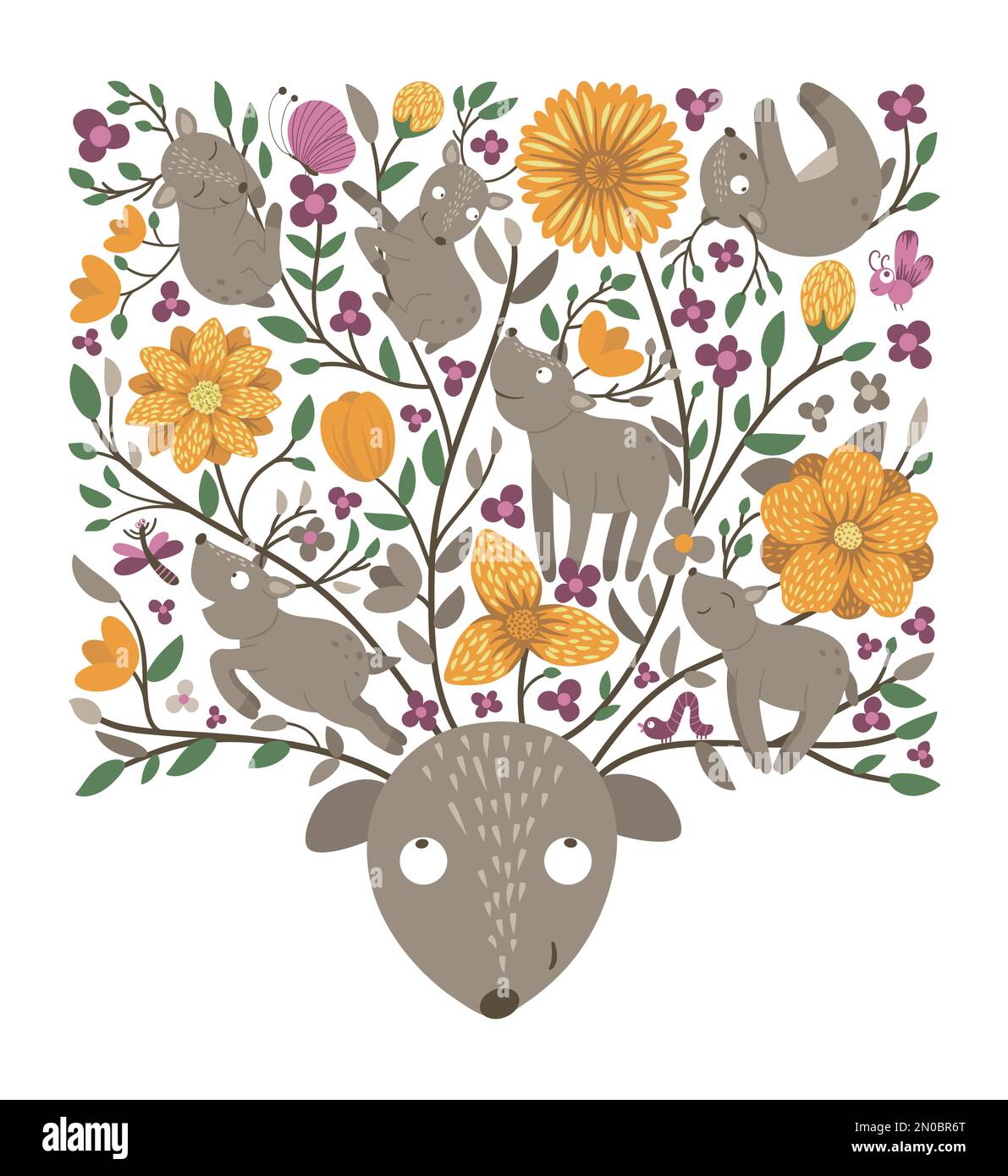 Vector ornate background with cute woodland animals, leaves, flowers ...