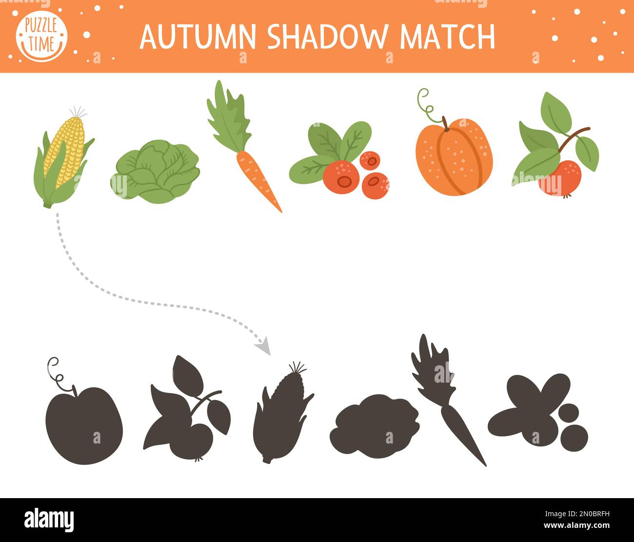 Autumn shadow matching activity for children. Fall season puzzle with ...