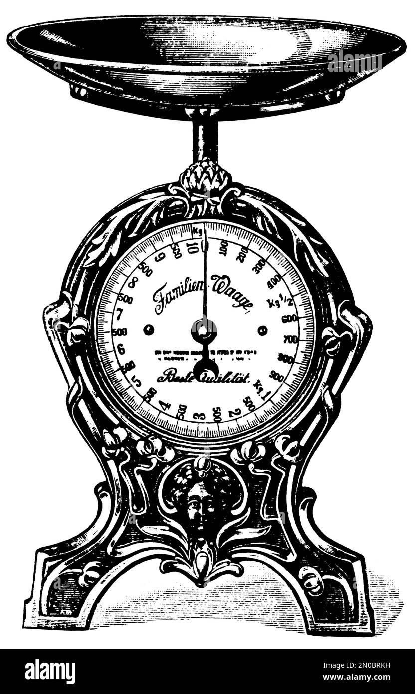 Antique 19th-century illustration of an old weighting scale (isolated ...