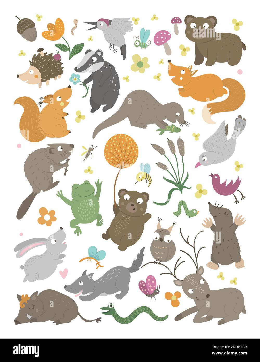 Set of vector hand drawn flat woodland animals vertical set. Funny ...