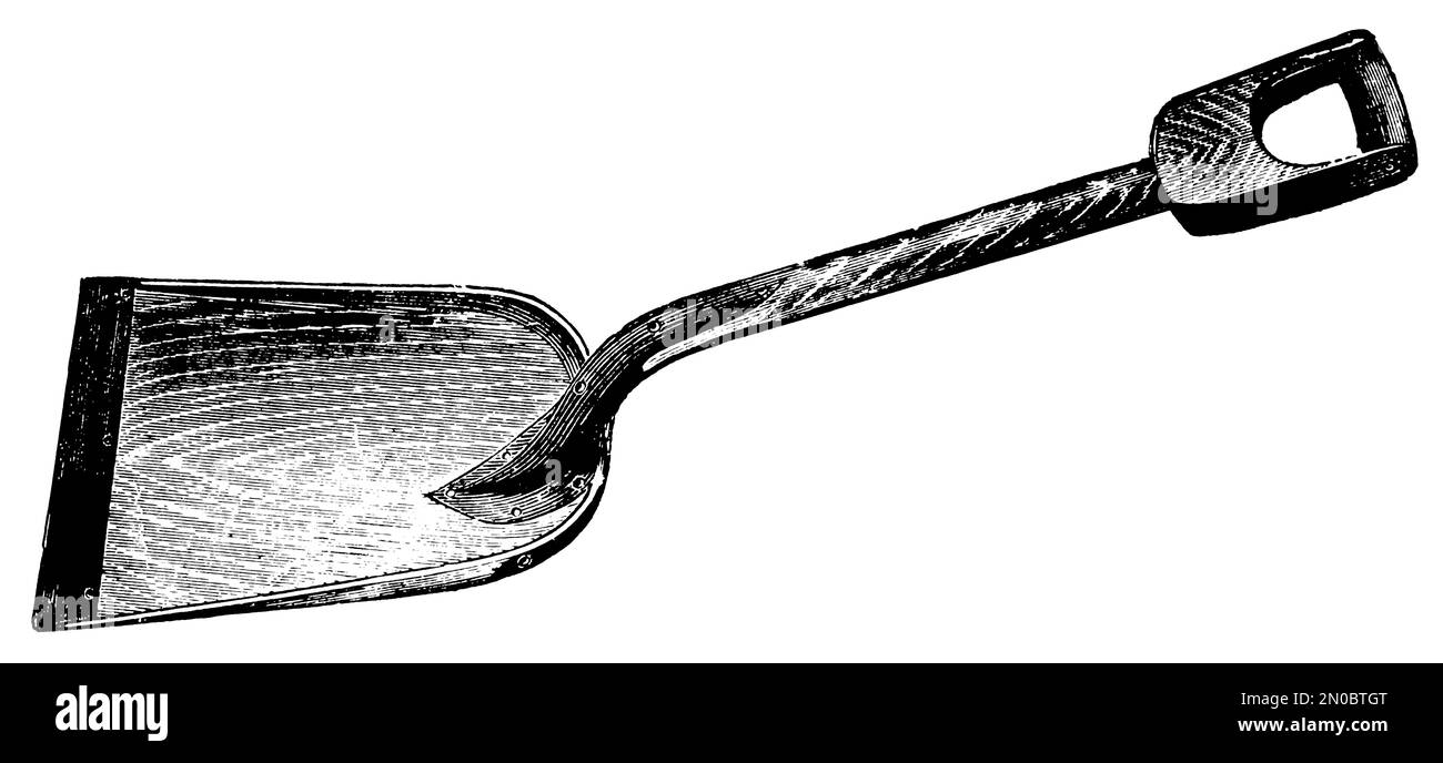 19th-century engraving of a coal shovel showing side view with handle ...