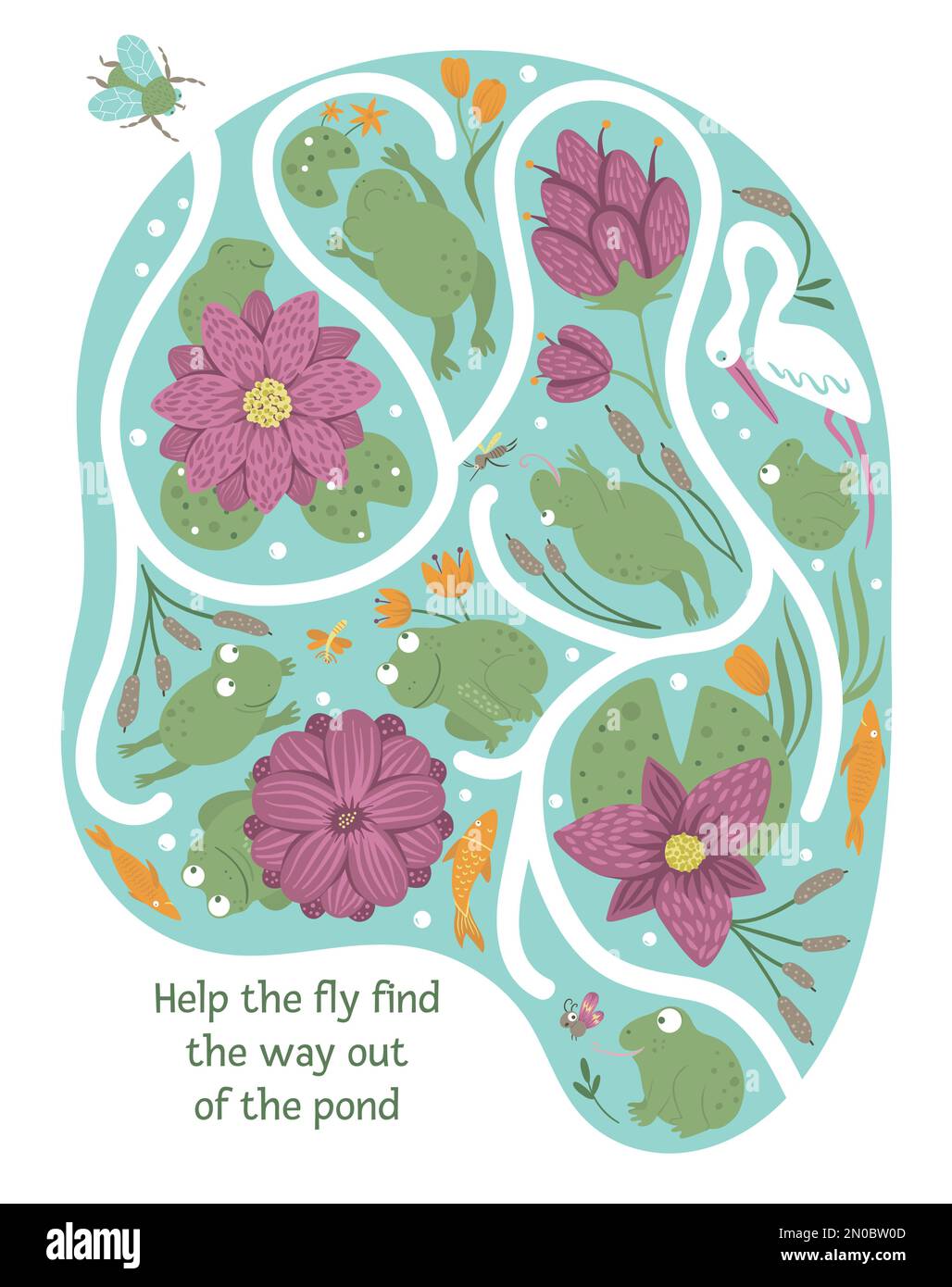 Maze for children. Preschool activity with insect, water, reeds, frogs ...