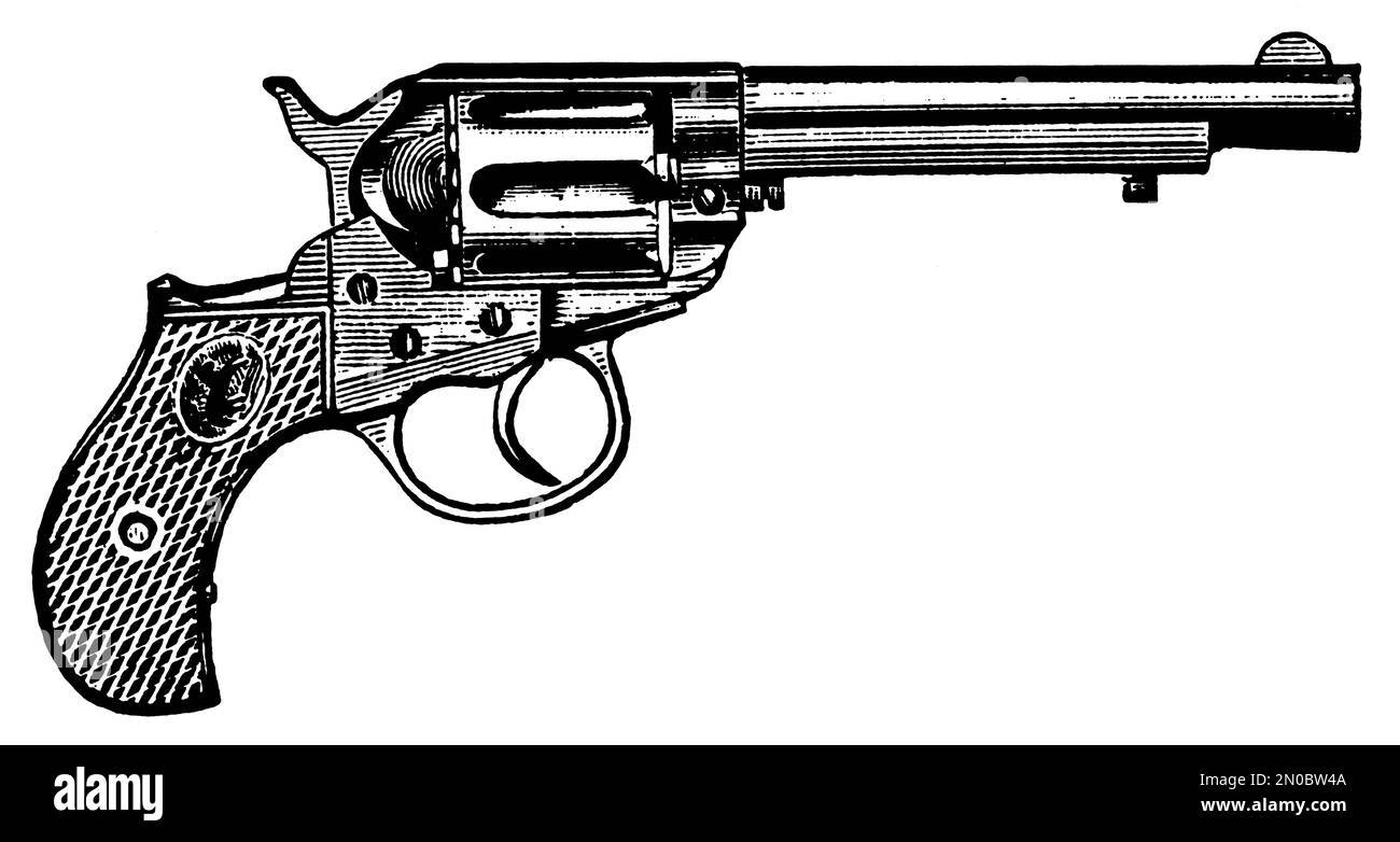 19th-century engraving of an antique revolver showing side view of the ...