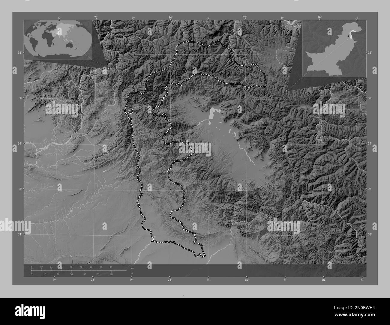 Azad Kashmir, centrally administered area of Pakistan. Grayscale ...