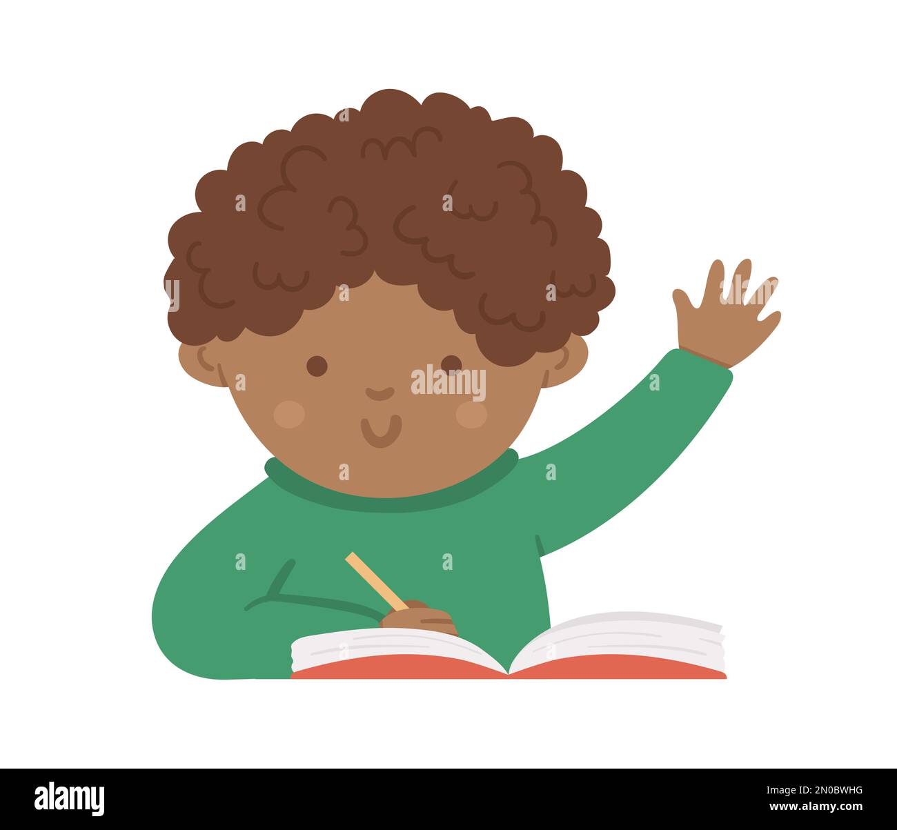 Vector cute happy schoolboy with hand up. Elementary school classroom ...