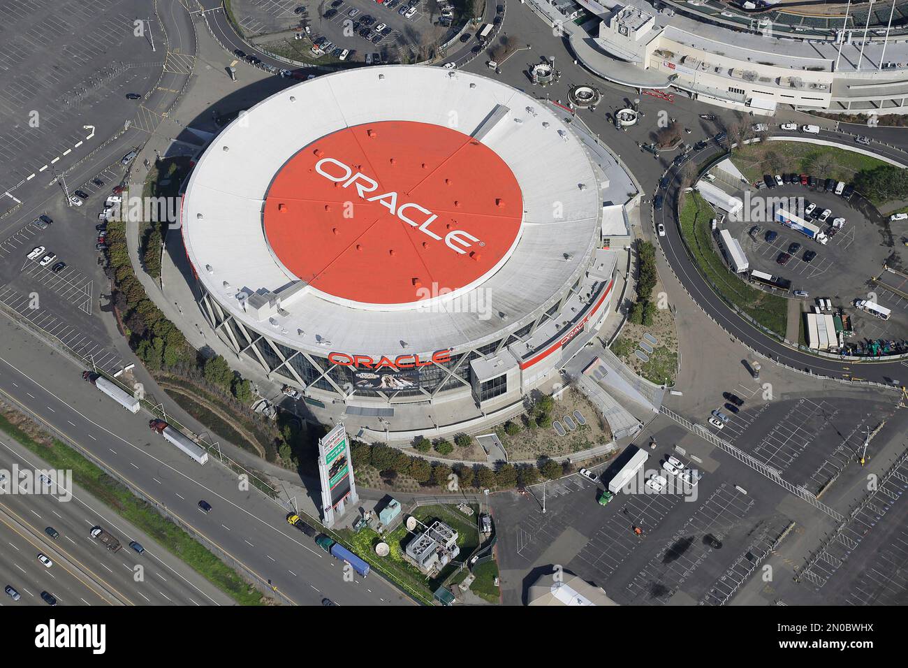 The Oracle Arena is seen in this view from the Goodyear Blimp Spirit of ...