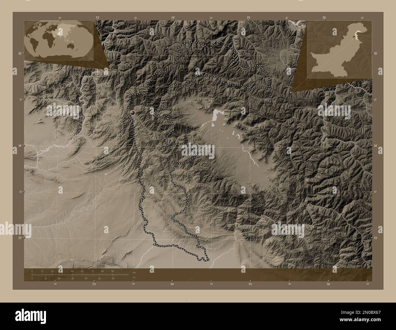 Azad Kashmir, centrally administered area of Pakistan. Elevation map ...