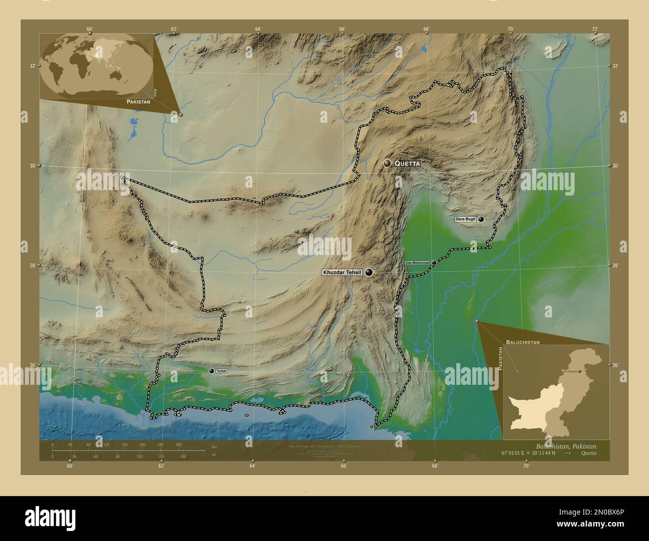 Baluchistan, province of Pakistan. Colored elevation map with lakes and ...