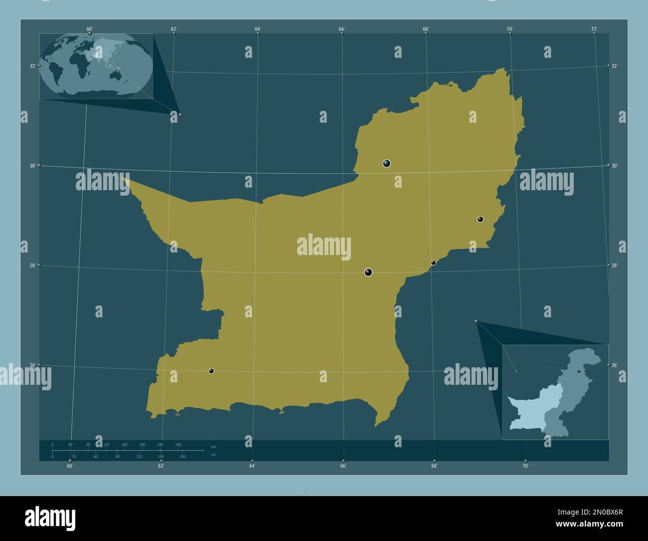 Baluchistan, province of Pakistan. Solid color shape. Locations of ...