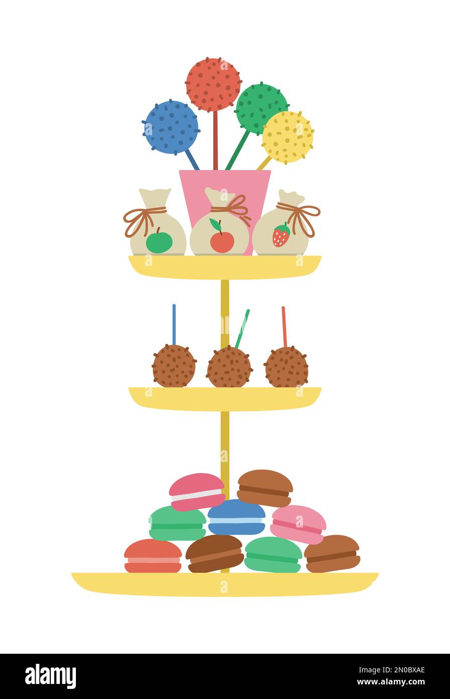 Vector birthday desserts on layered stand. Cute funny celebration treat ...
