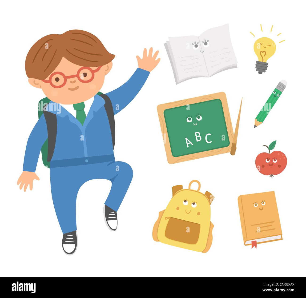 Cute happy jumping schoolboy with flat style kawaii classroom objects ...