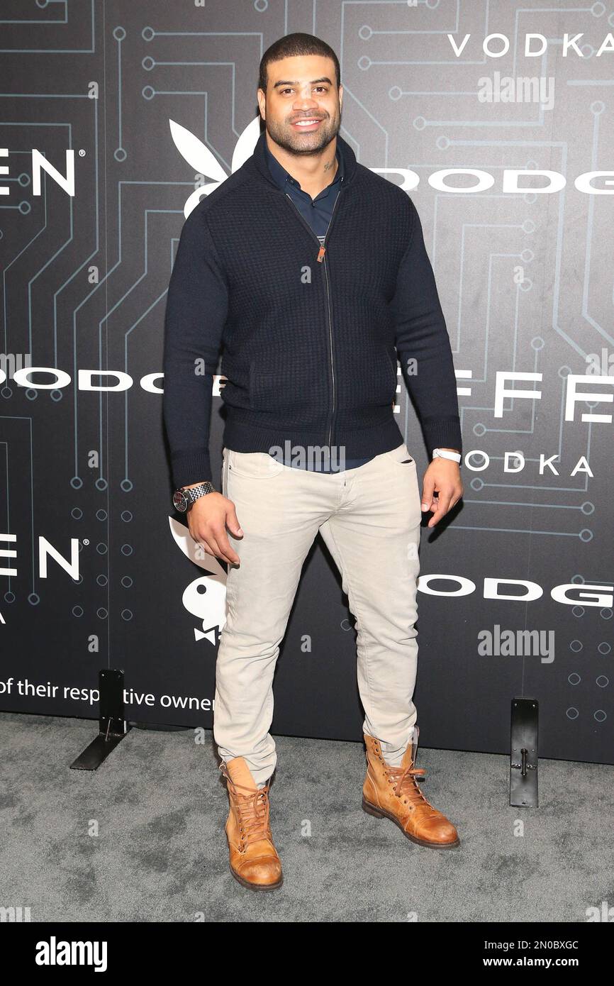 Shawne Merriman arrives at the Playboy Super Bowl 50 Party at AT&T Park ...