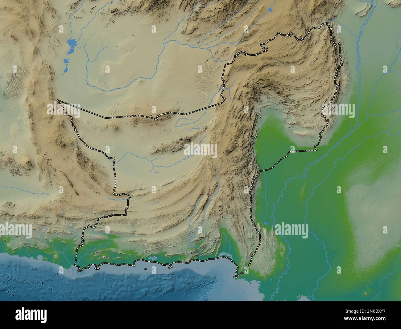 Baluchistan, province of Pakistan. Colored elevation map with lakes and ...