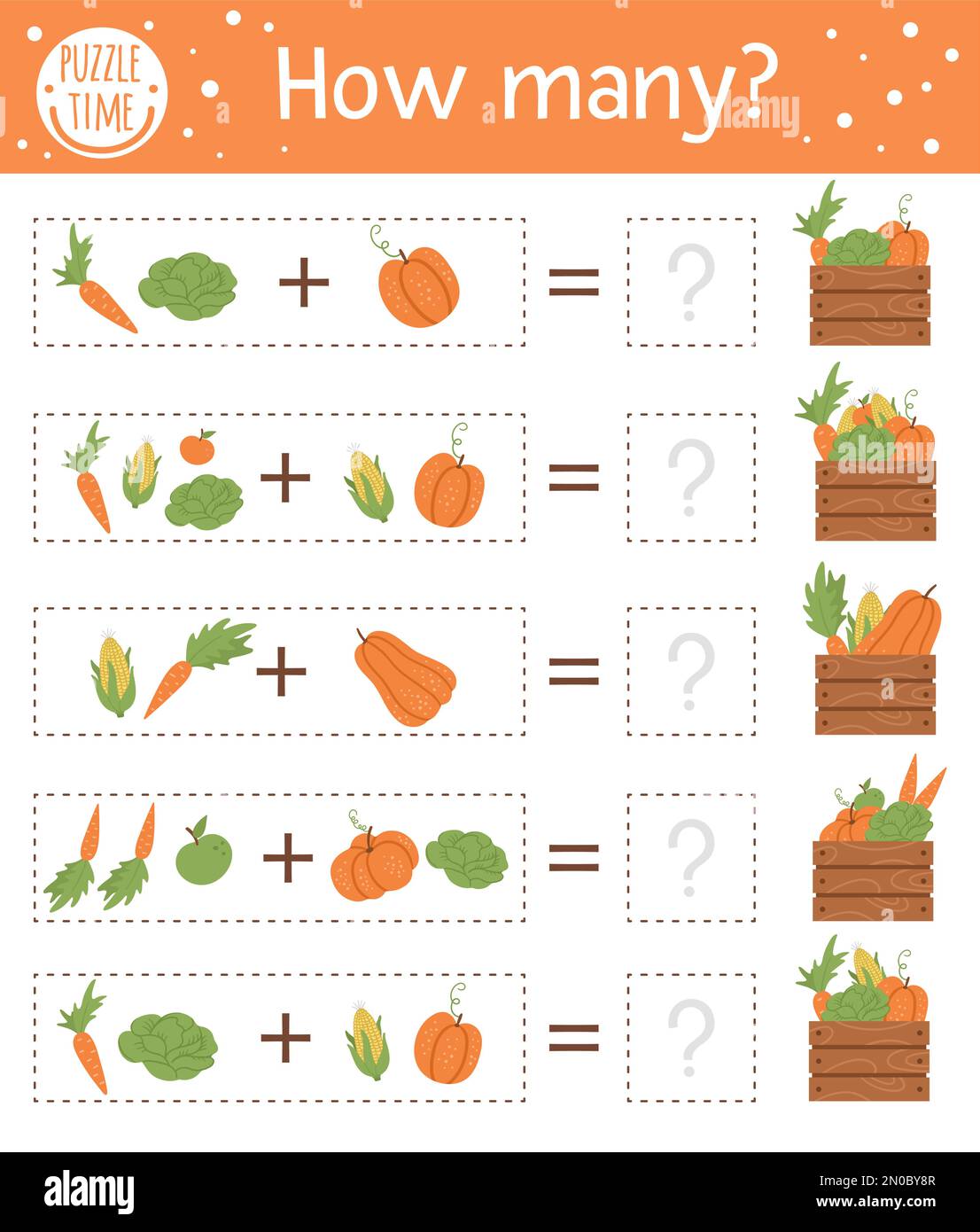 Counting game with vegetables and wooden case. Autumn activity for ...