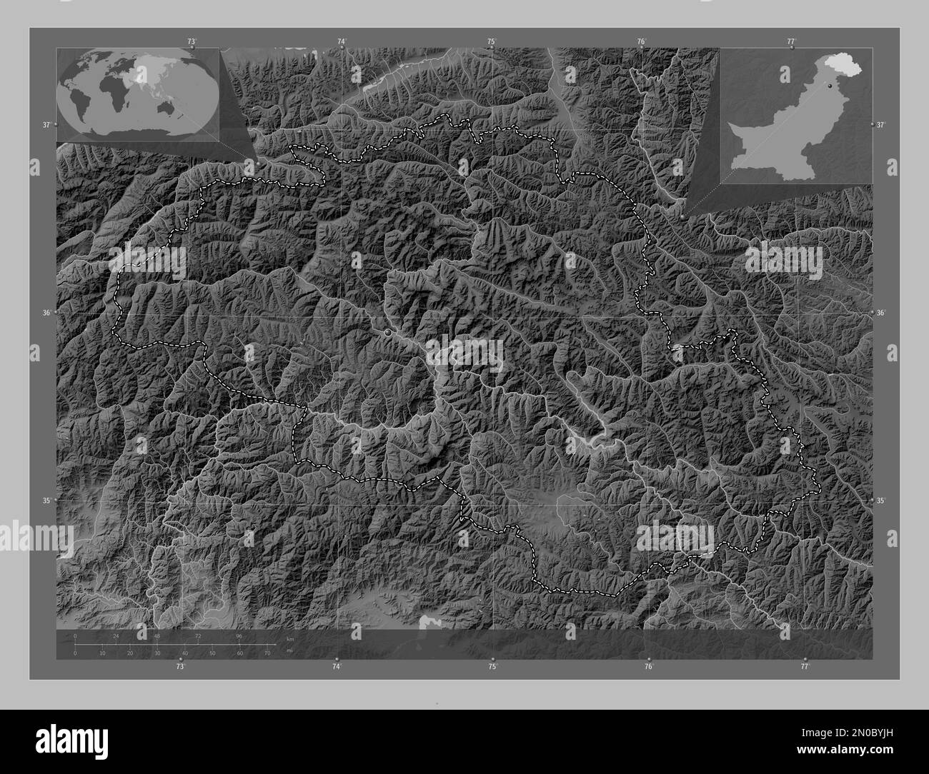 Gilgit-Baltistan, centrally administered area of Pakistan. Grayscale ...