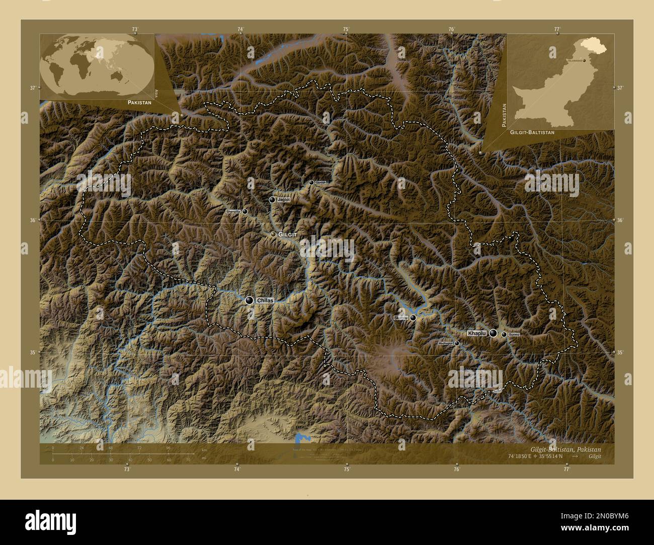 Gilgit-Baltistan, centrally administered area of Pakistan. Colored ...