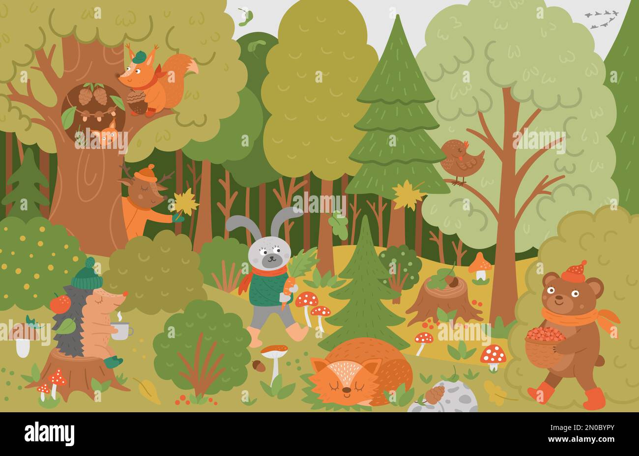 Vector autumn forest background with cute animals, leaves, trees ...