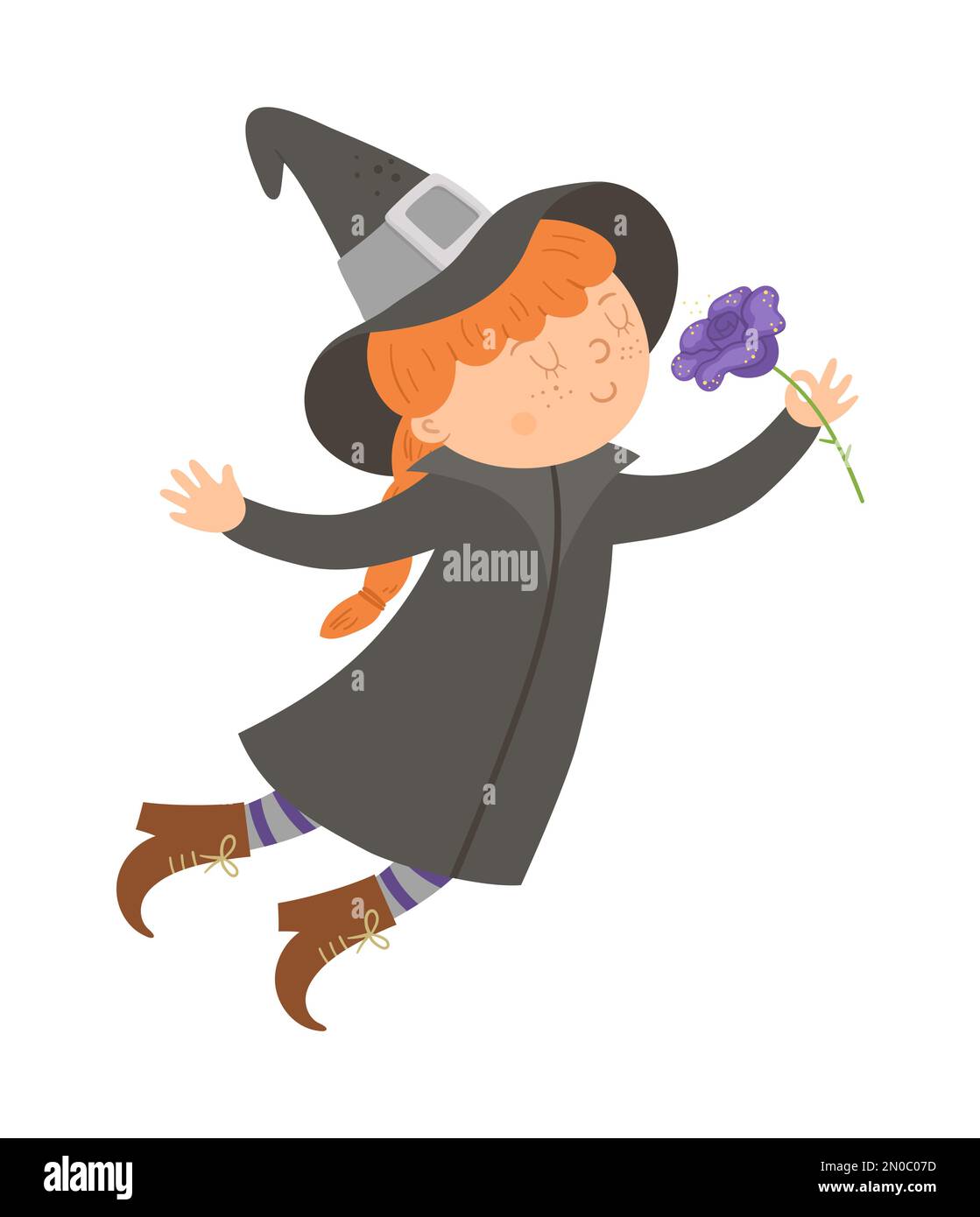 Cute vector witch smelling purple rose. Halloween character icon. Funny ...