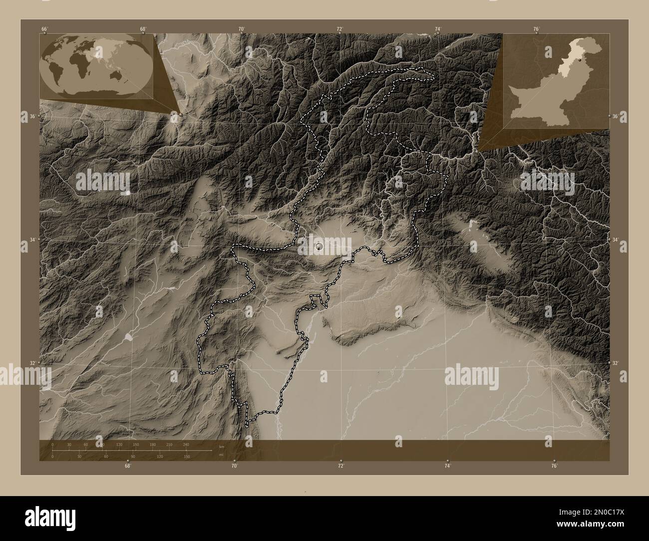 Khyber Pakhtunkhwa, province of Pakistan. Elevation map colored in ...