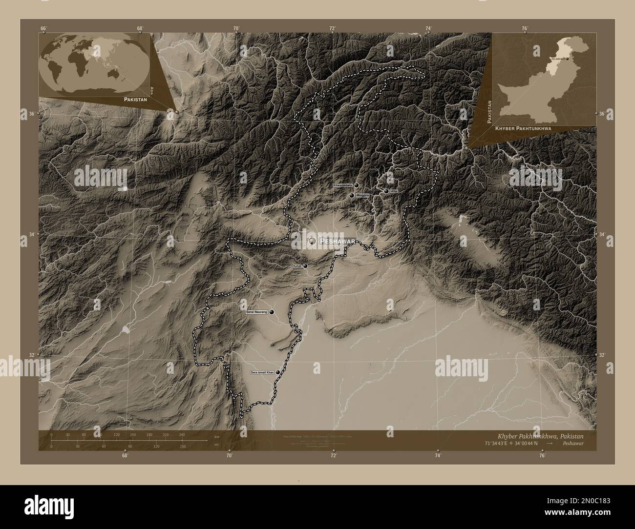 Khyber Pakhtunkhwa, province of Pakistan. Elevation map colored in ...