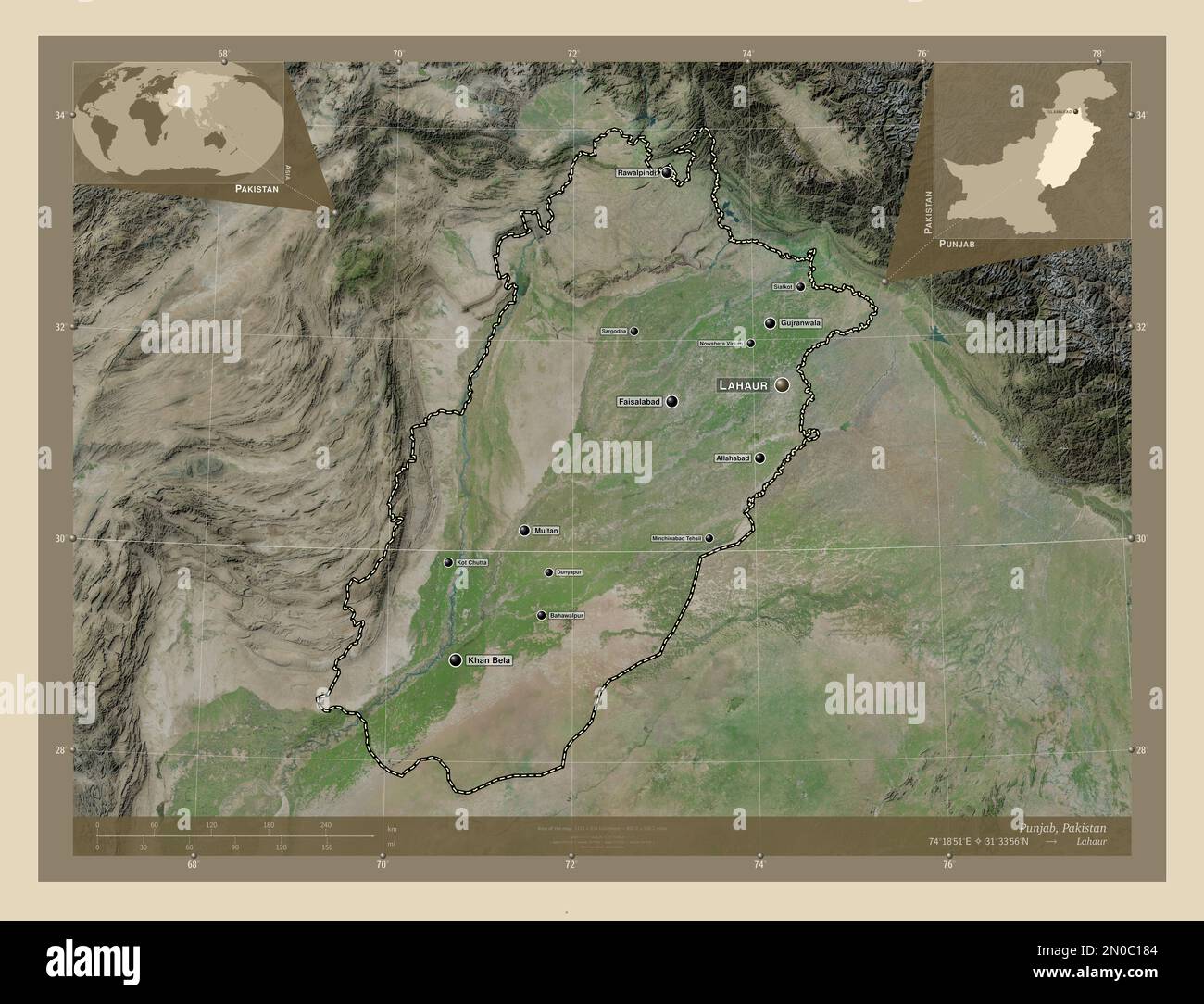 Punjab, province of Pakistan. High resolution satellite map. Locations ...