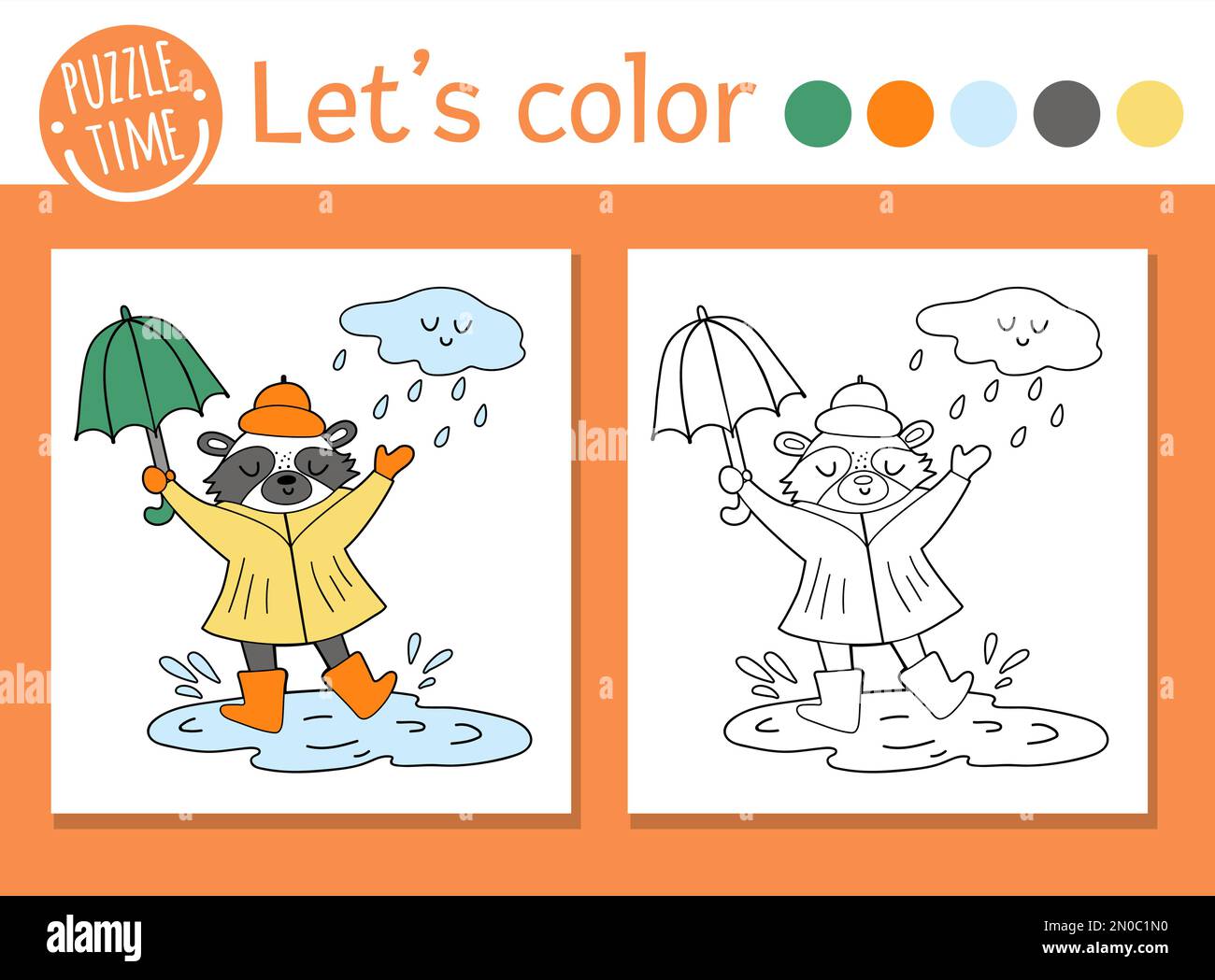 Autumn coloring page for children. Cute funny raccoon with umbrella ...