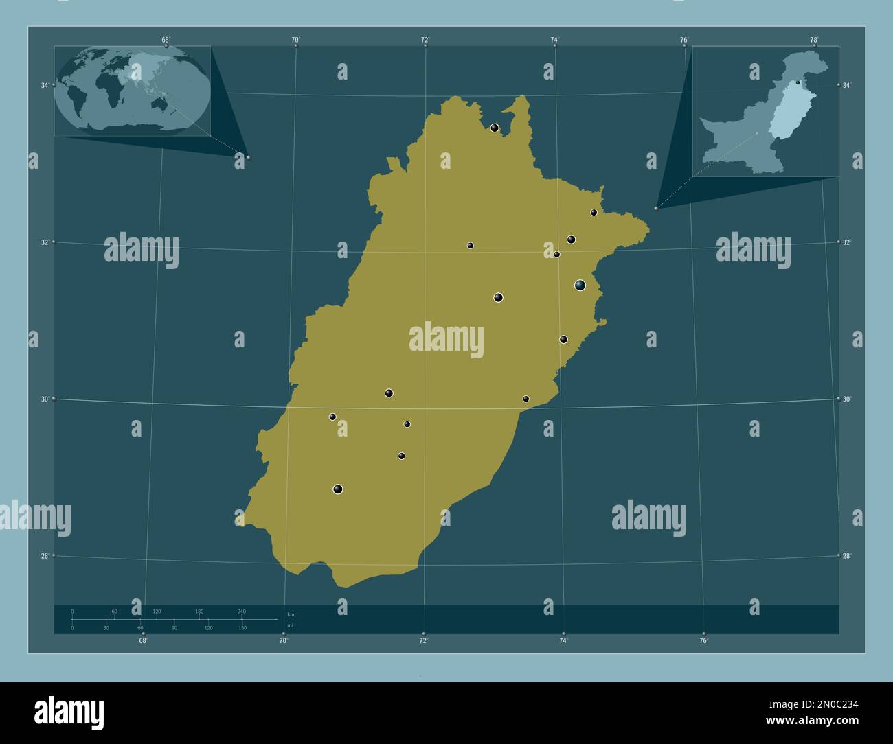Punjab, province of Pakistan. Solid color shape. Locations of major ...