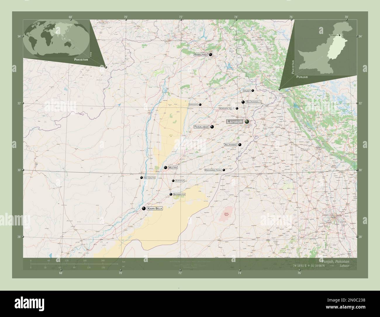Punjab, province of Pakistan. Open Street Map. Locations and names of ...
