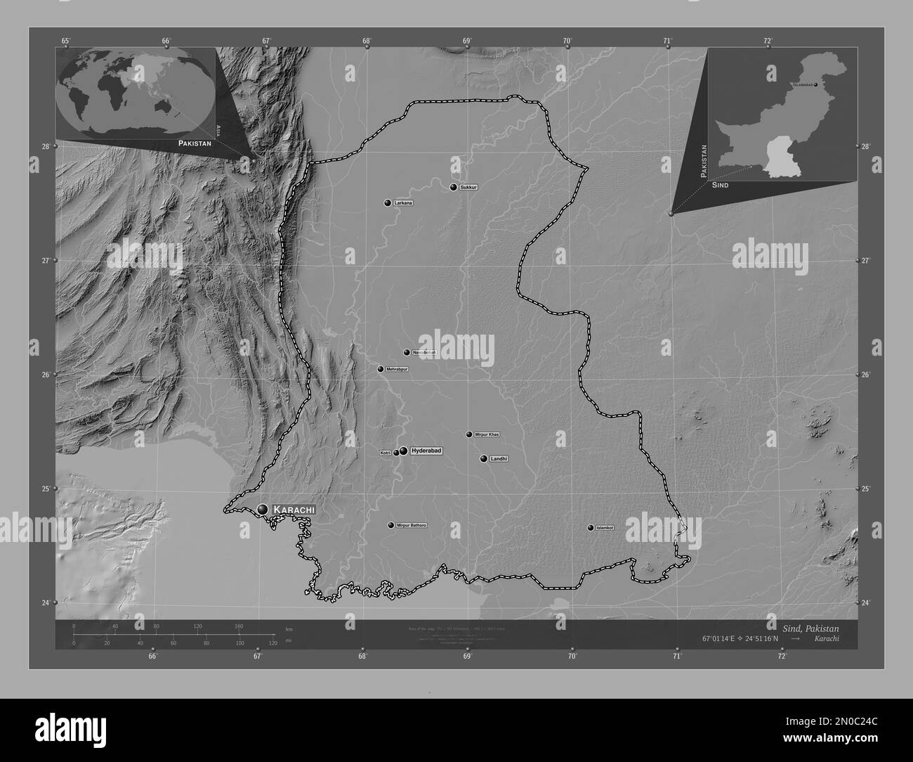 Sind, province of Pakistan. Bilevel elevation map with lakes and rivers ...