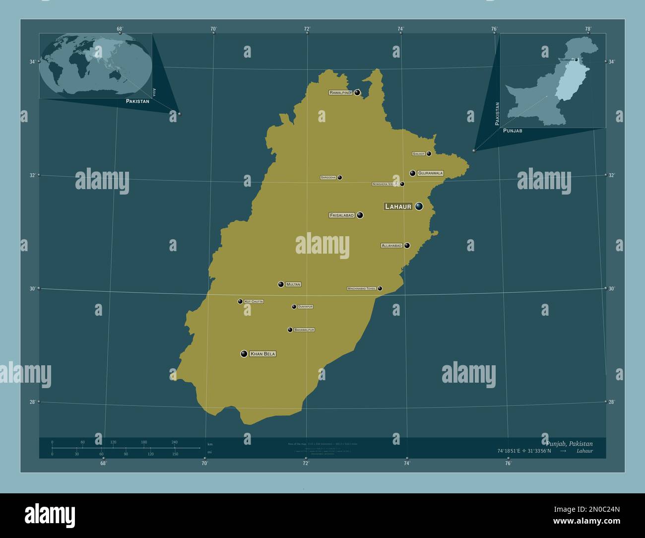 Punjab, province of Pakistan. Solid color shape. Locations and names of ...
